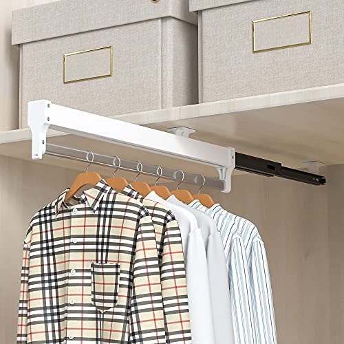 550mm/21.6'' Pull-Out Closet Valet Rod Adjustable Wardrobe Clothing Rail Top Mount Wardrobe Hanger Rack Bar Ball Bearing Slide Heavy Duty