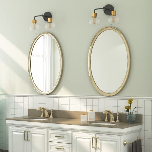Inlight 16" Wide Black and Brushed Gold 2-Light Vanity Bath Light with Clear Seedy Glass Globe Shades, Bulb Not Included, IN-0443-2-GD