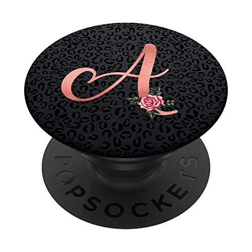 Black Leopard Cheetah Letter A Initial Monogram Pink Rose PopSockets PopGrip: Swappable Grip for Phones & Tablets