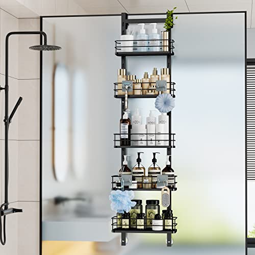 Vetacsion 44.37 inch Height 5 Tier Adjustable Over door Shower Shelf,Hanging Bath Oragnizer with 4 Hook,4 Suction,Metal Black
