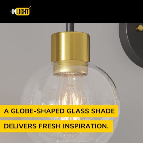 Inlight 16" Wide Black and Brushed Gold 2-Light Vanity Bath Light with Clear Seedy Glass Globe Shades, Bulb Not Included, IN-0443-2-GD