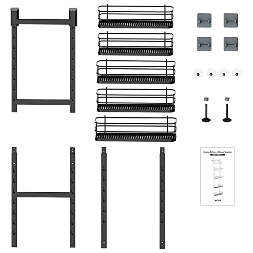 Vetacsion 44.37 inch Height 5 Tier Adjustable Over door Shower Shelf,Hanging Bath Oragnizer with 4 Hook,4 Suction,Metal Black