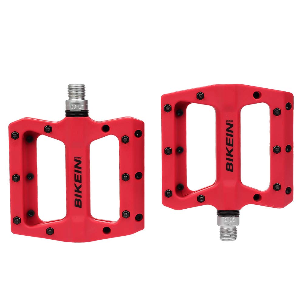 BIKEIN PRO MTB Bike Pedals Nylon Fiber Non-Slip 9/16 Inch Bicycle Platform Flat Pedals for Road Mountain BMX Bike Red