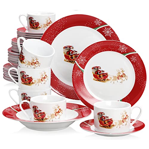 VEWEET Christmas Dinner Set for 6, 30 Piece Ceramic Christmas Dishes, Christmas Deer Plate Sets with Dinner Plate, Dessert Plate, Soup Plate, Cup, Saucer, Service for 6, Christmas Deer Series