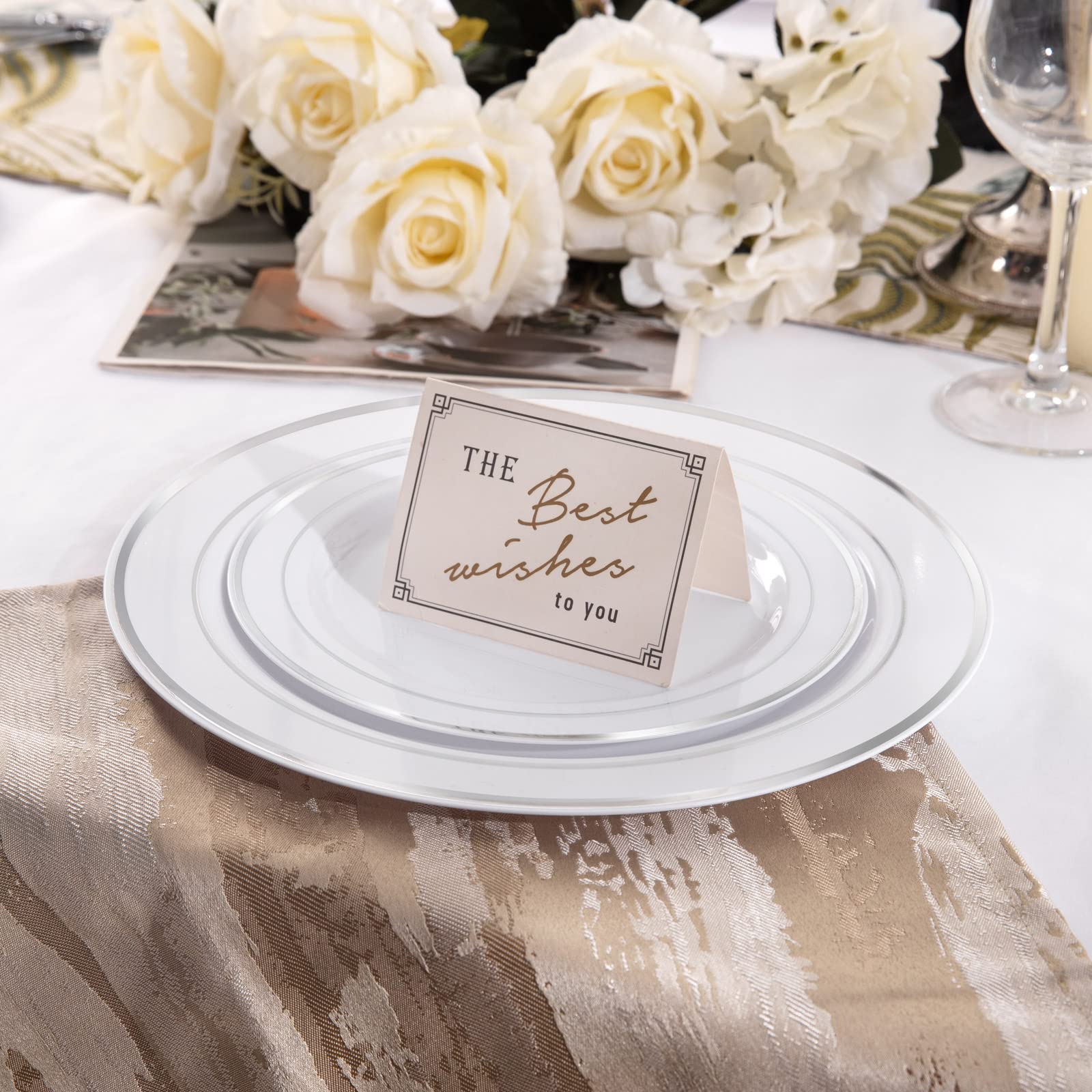 I00000 102pcs Silver Plastic Plates, Disposable Plastic Party Plates with White Silver Rim Fancy Wedding Party Plates Include 51 Dinner Plates 10.25" and 51 Dessert Appetizer Plates 7.5"