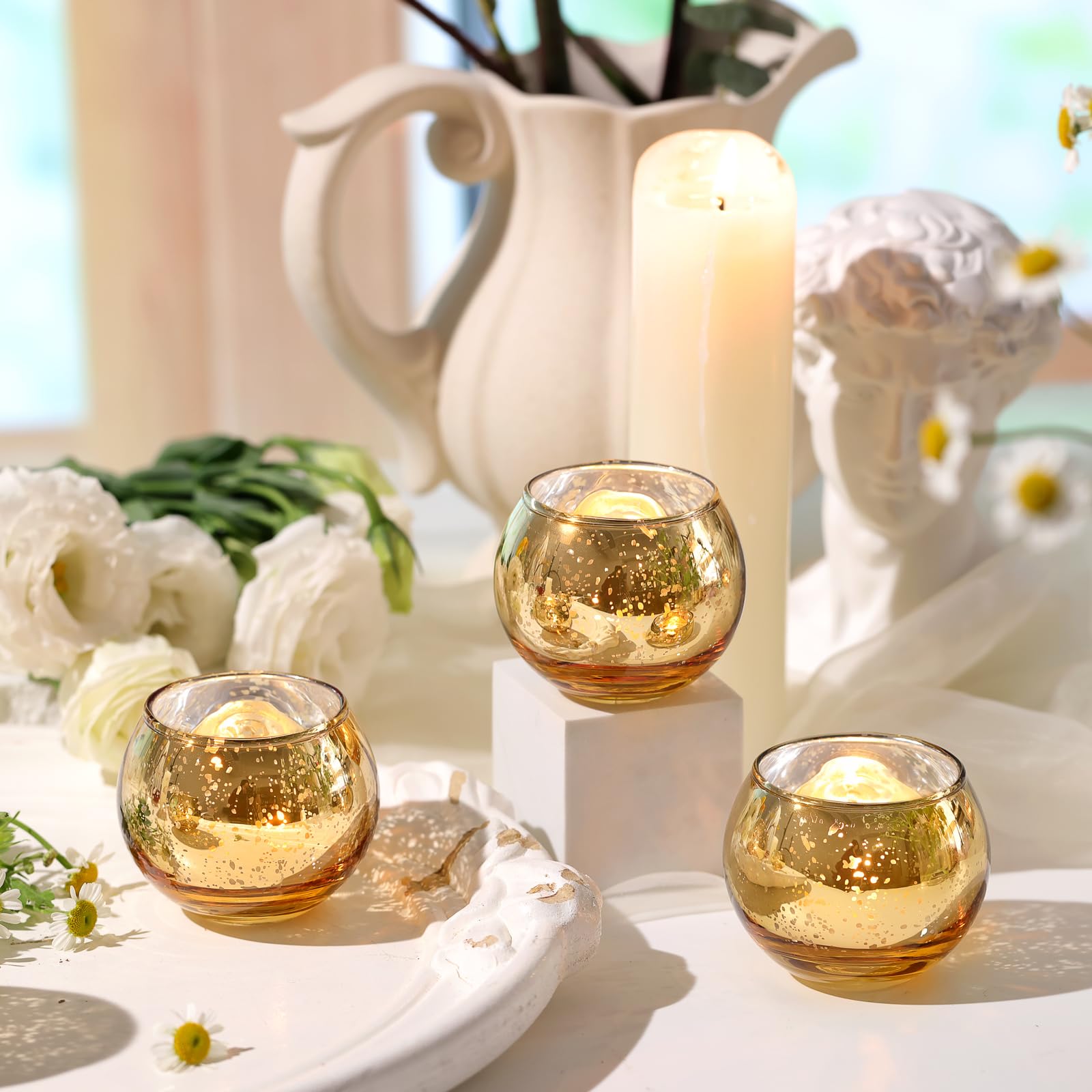 Volens Round Gold Votive Candle Holders, Mercury Glass Candle Holder Set of 12