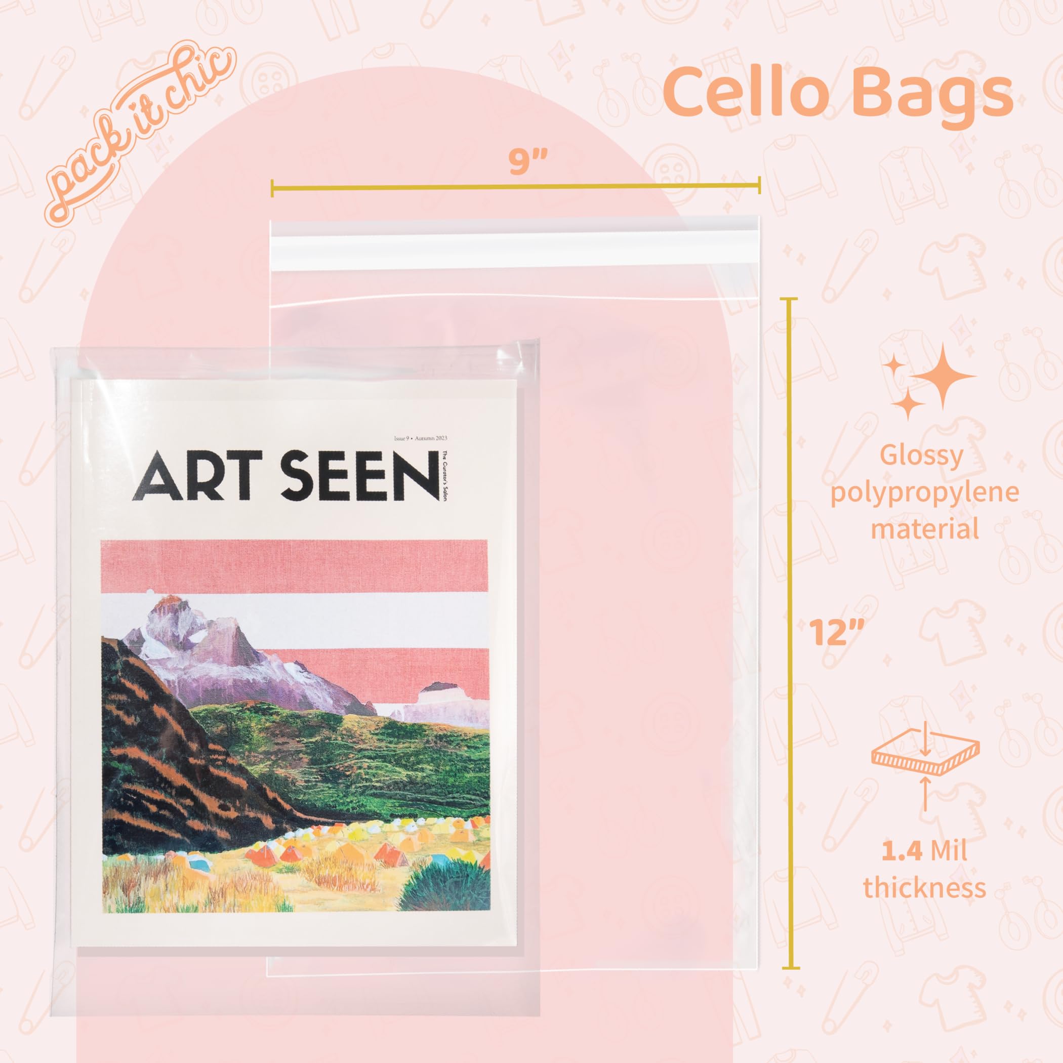 Pack It Chic - 9” X 12” (200 Pack) Clear Resealable Cello Poly Bags - Fits A4, Letter Sized Documents, Marketing Materials - Self Seal
