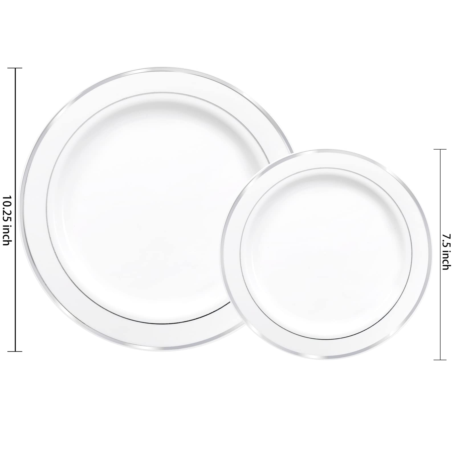 I00000 102pcs Silver Plastic Plates, Disposable Plastic Party Plates with White Silver Rim Fancy Wedding Party Plates Include 51 Dinner Plates 10.25" and 51 Dessert Appetizer Plates 7.5"