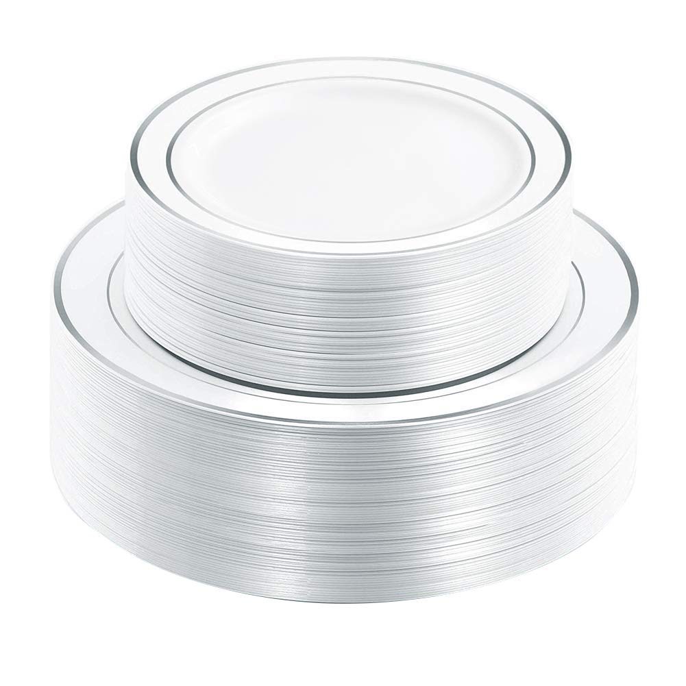 I00000 102pcs Silver Plastic Plates, Disposable Plastic Party Plates with White Silver Rim Fancy Wedding Party Plates Include 51 Dinner Plates 10.25" and 51 Dessert Appetizer Plates 7.5"