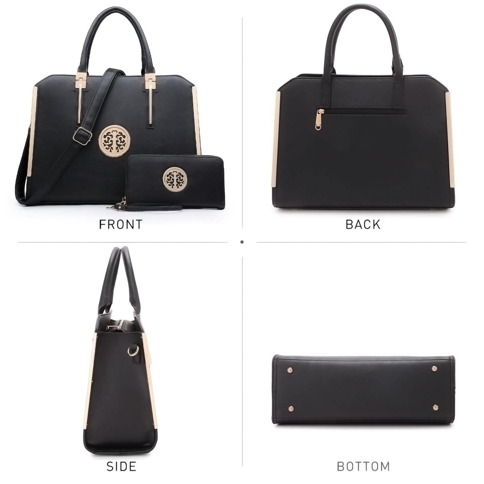 Dasein Women Large Handbag Purse Vegan Leather Satchel Work Bag Shoulder Tote with Matching Wallet (Black)