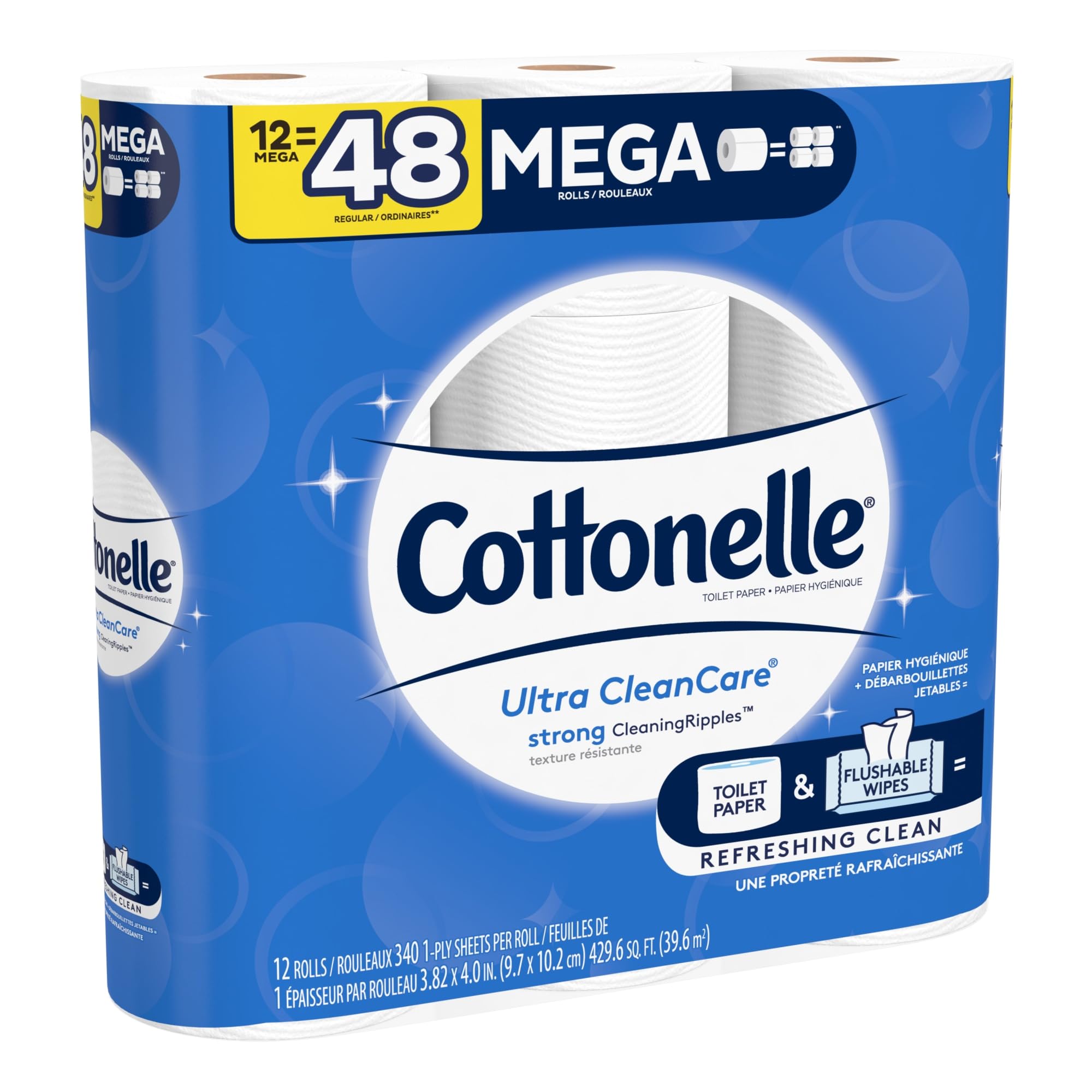 Cottonelle Ultra CleanCare Toilet Paper, 12 Mega Rolls, Strong Bath Tissue (12 Mega Rolls = 48 Regular Rolls)