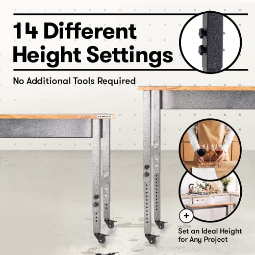 Fedmax Work Bench - 61" Rolling Portable Workbench for Garage - Metal with Acacia Hardwood Top, Adjustable Legs