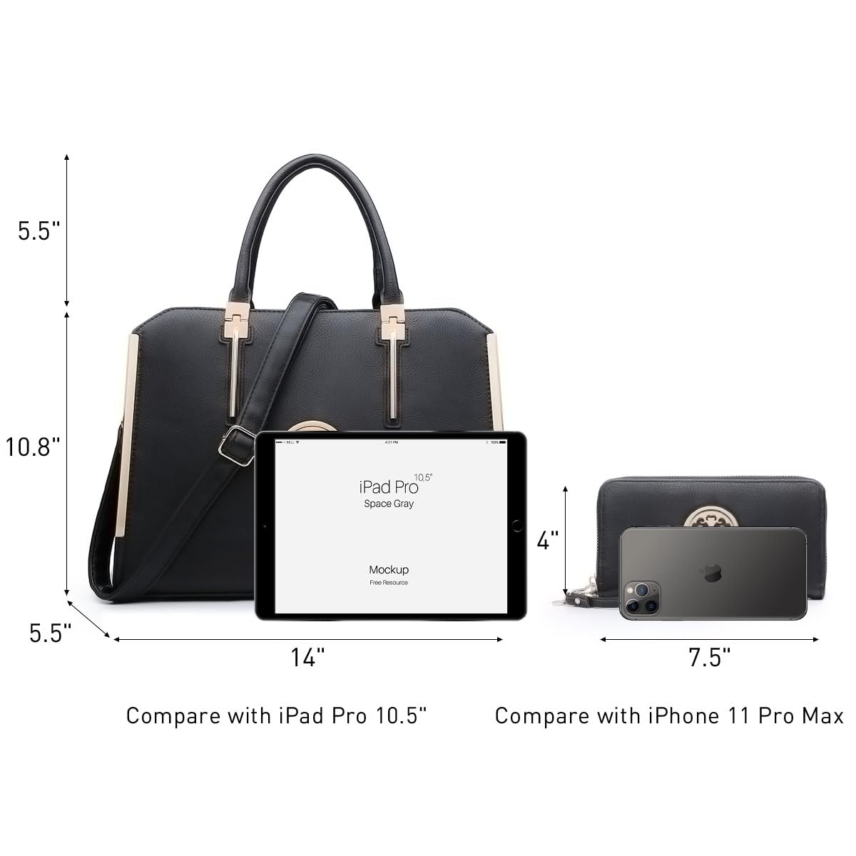 Dasein Women Large Handbag Purse Vegan Leather Satchel Work Bag Shoulder Tote with Matching Wallet (Black)