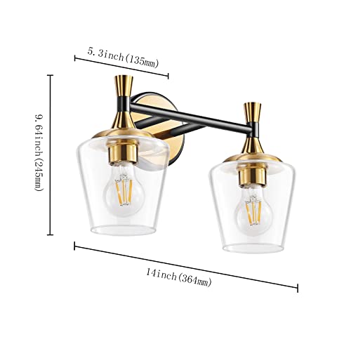 LOXYEE Gold Bathroom Vanity Light ，2-Lights Vintage Vanity Lights fixtures with Glass Shade,Gold and Black Bathroom Lights Over Mirror,for Living Rooms, Bedrooms, Hallways (Exclude Bulb)