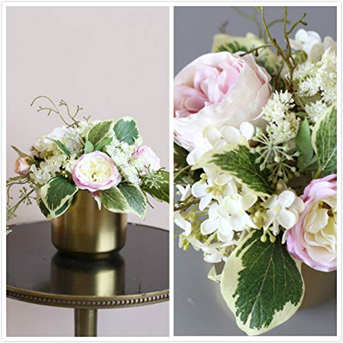 G Home Collection Greenery Leaves with Roses Floral Arrangement in Gold Metal Vase