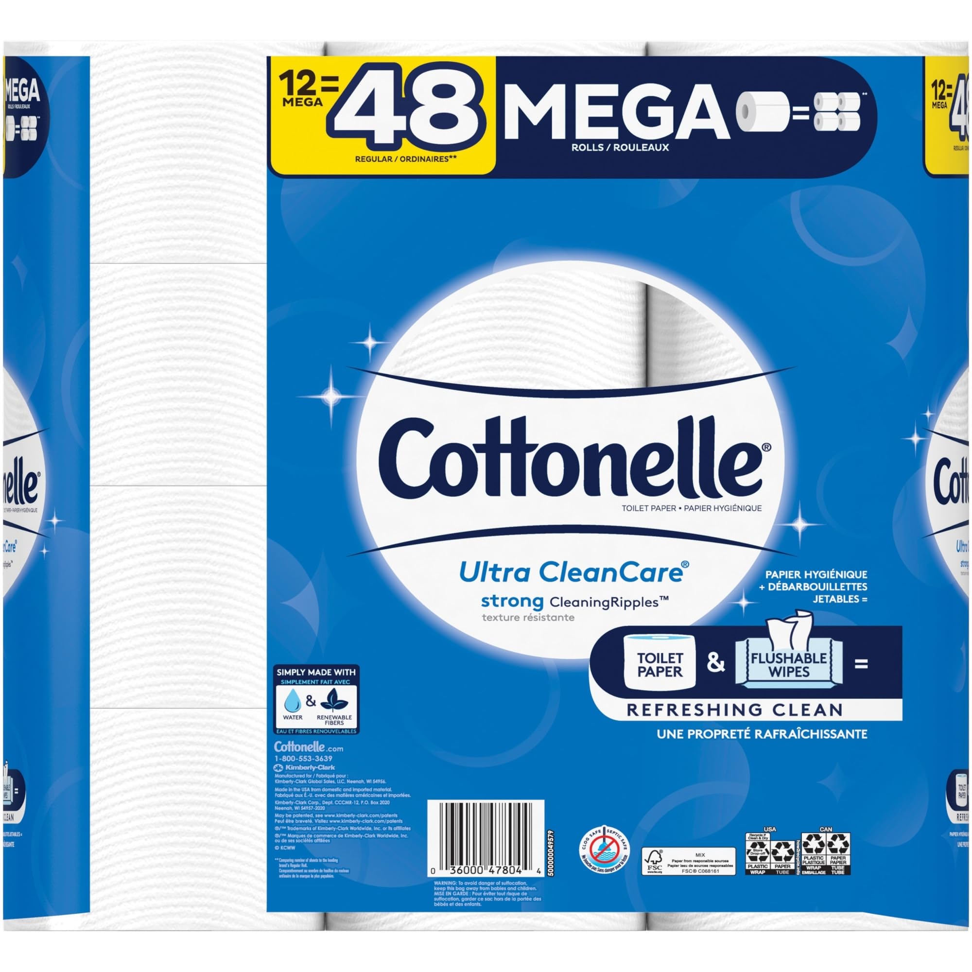 Cottonelle Ultra CleanCare Toilet Paper, 12 Mega Rolls, Strong Bath Tissue (12 Mega Rolls = 48 Regular Rolls)