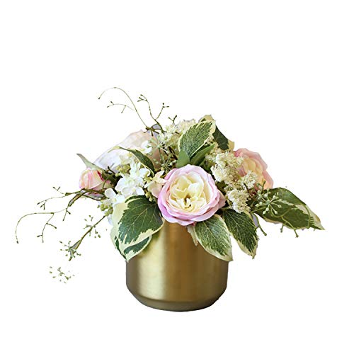 G Home Collection Greenery Leaves with Roses Floral Arrangement in Gold Metal Vase