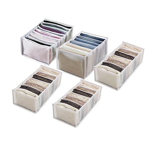 JinGoldBell Wardrobe Clothes Organizer 5pcs Foldable Closet Portable Storage Baskets Visible Grid Storage Box Washable Storage Containers Clothing Storage Bins for Bedroom (1 Set of Mix, White)