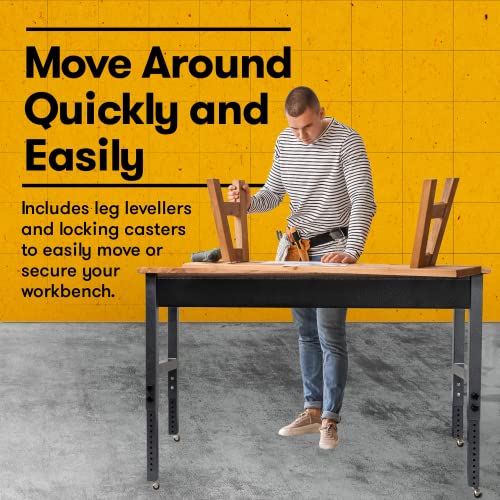 Fedmax Work Bench - 61" Rolling Portable Workbench for Garage - Metal with Acacia Hardwood Top, Adjustable Legs