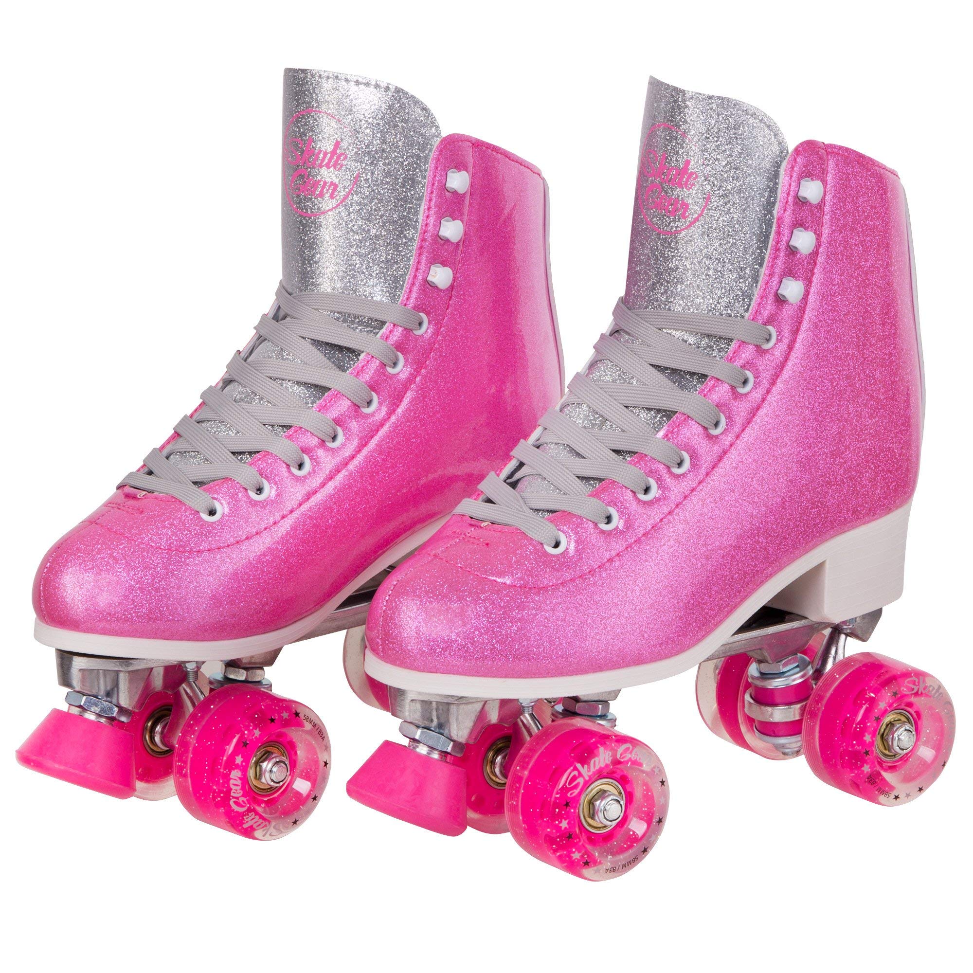 C SEVEN Sparkly Retro Quad Roller Skates (Glitter Pink, Women's 7 / Youth 6 / Men's 6)