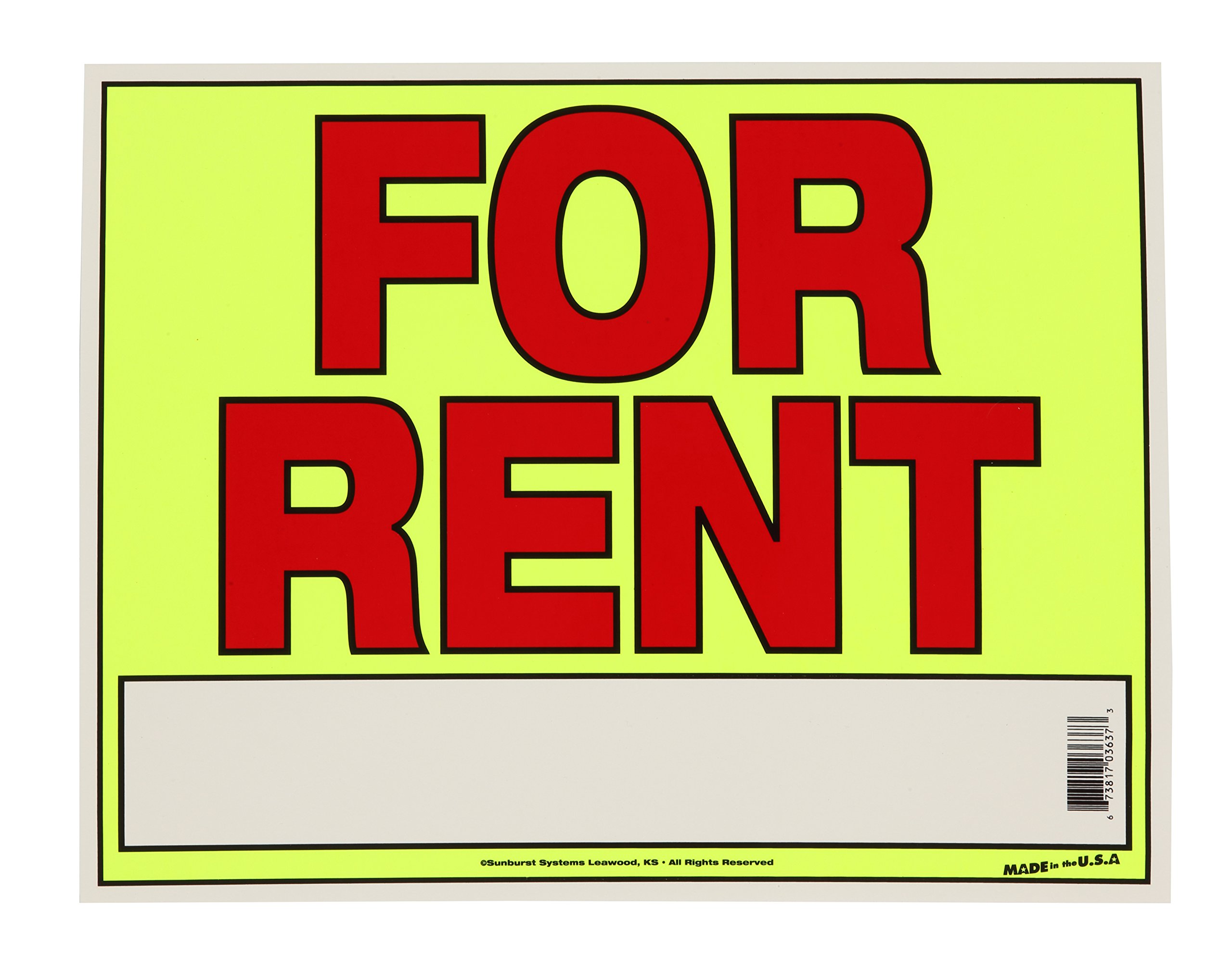 Sunburst Systems 3637 For Rent Sign, 11" x 14" Neon, Weather Resistant