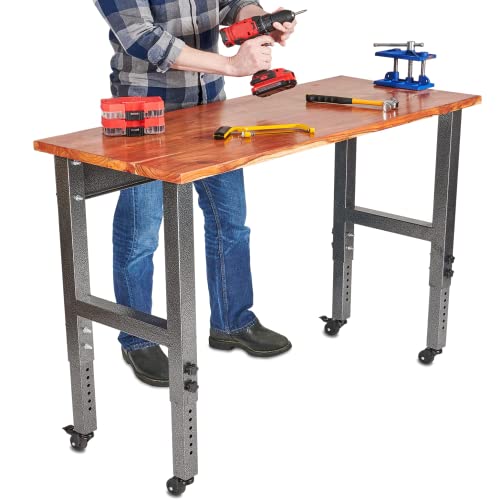 Fedmax Work Bench - 61" Rolling Portable Workbench for Garage - Metal with Acacia Hardwood Top, Adjustable Legs