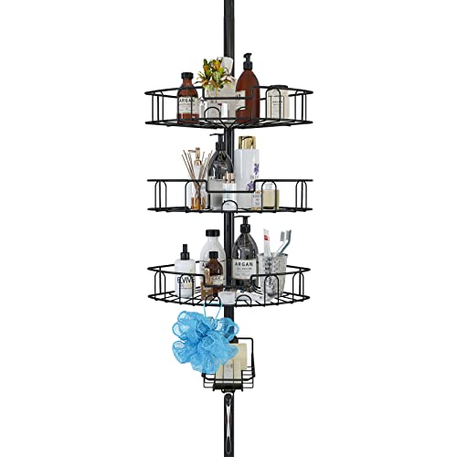 DEROFIT Shower Caddy Corner for Bathroom,Bathtub Storage Organizer for Shampoo Accessories, Rustproof 3 Tier Adjustable Shelves Shower Caddy with Tension Pole,56 to 125 Inch