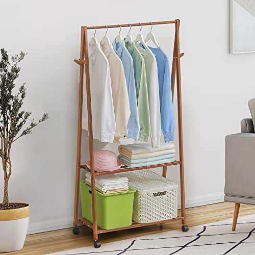 MoNiBloom Bamboo Garment Rack with Wheels Coat Rack Stand Clothes Rack with 2-Tier Storage Rack for Bedroom Living Room Entryway Home Office (Length 29.5", Brown)