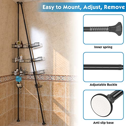 DEROFIT Shower Caddy Corner for Bathroom,Bathtub Storage Organizer for Shampoo Accessories, Rustproof 3 Tier Adjustable Shelves Shower Caddy with Tension Pole,56 to 125 Inch