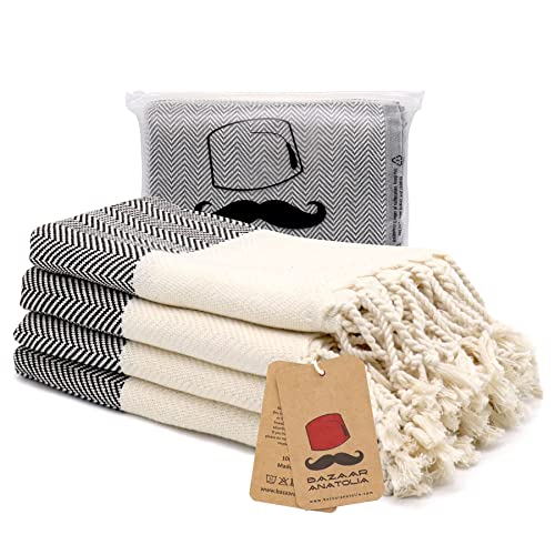 Turkish Hand Towel Set of 4 Herringbone Peshtemal Towel 100% Cotton 45x20" Light Weight Thin Quick Dry Hand Bath Hair Gym Face Tea Kitchen Set Farm House Decor Decorative Bathroom Towel (Black)