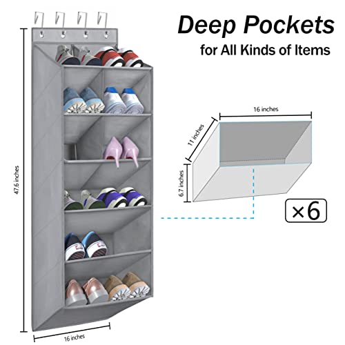 coastal rose Over The Door Shoe Organizer, 6-Tier Shoe Rack for Closet Door with Large Deep Pockets & 4 Metal Hooks, Hanging Storage Organizer for Baby Diaper, Shoe, Closet, Bathroom, Nursery, Gray