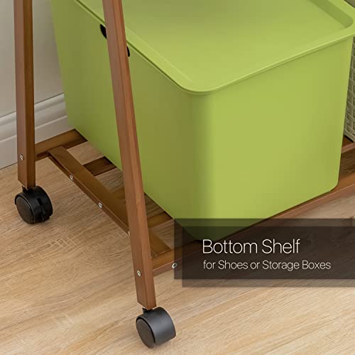 MoNiBloom Bamboo Garment Rack with Wheels Coat Rack Stand Clothes Rack with 2-Tier Storage Rack for Bedroom Living Room Entryway Home Office (Length 29.5", Brown)