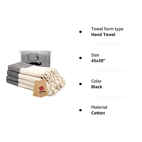Turkish Hand Towel Set of 4 Herringbone Peshtemal Towel 100% Cotton 45x20" Light Weight Thin Quick Dry Hand Bath Hair Gym Face Tea Kitchen Set Farm House Decor Decorative Bathroom Towel (Black)