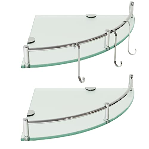HouseMila Bathroom Shelf, 2 Tier Glass Bathroom Wall Shelf with Extra 3 Hangers Floating Glass Corner Shelves with Nail Shampoo Organizer