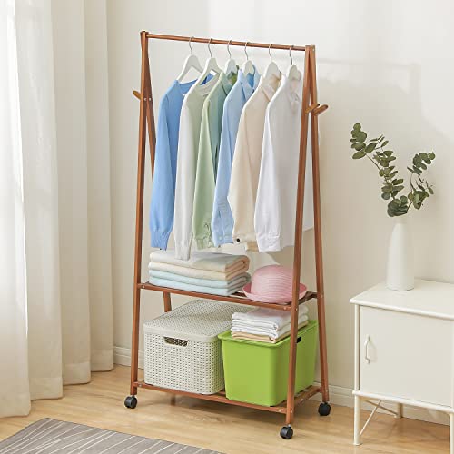 MoNiBloom Bamboo Garment Rack with Wheels Coat Rack Stand Clothes Rack with 2-Tier Storage Rack for Bedroom Living Room Entryway Home Office (Length 29.5", Brown)