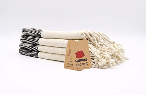 Turkish Hand Towel Set of 4 Herringbone Peshtemal Towel 100% Cotton 45x20" Light Weight Thin Quick Dry Hand Bath Hair Gym Face Tea Kitchen Set Farm House Decor Decorative Bathroom Towel (Black)