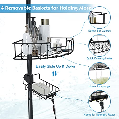 DEROFIT Shower Caddy Corner for Bathroom,Bathtub Storage Organizer for Shampoo Accessories, Rustproof 3 Tier Adjustable Shelves Shower Caddy with Tension Pole,56 to 125 Inch