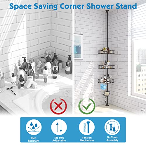 DEROFIT Shower Caddy Corner for Bathroom,Bathtub Storage Organizer for Shampoo Accessories, Rustproof 3 Tier Adjustable Shelves Shower Caddy with Tension Pole,56 to 125 Inch