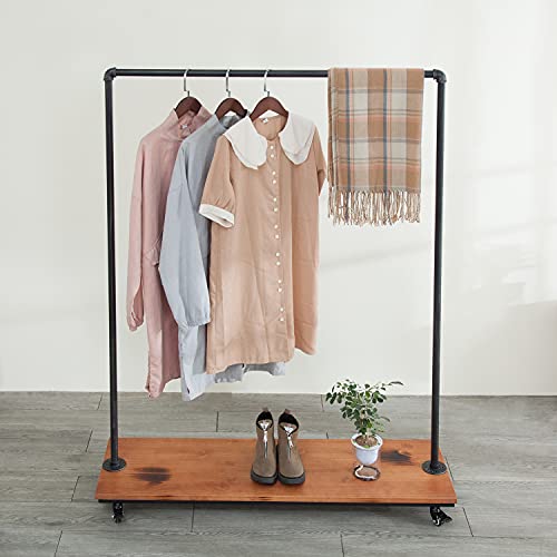 WGX Design For You Industrial Pipe Clothing Rack Wood Garment Rack Pipeline Vintage Rolling Rack with wheels(A)