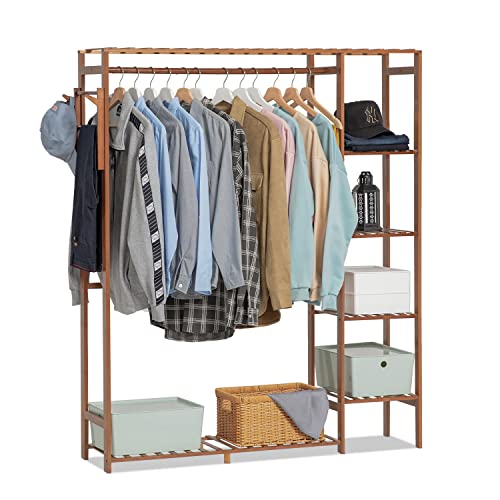 MoNiBloom Bamboo Clothes Rack, 6 Tier Garment Clothing Storage Shelving with Pants Scarves Racks and a Hanging Rob for Bedroom Living Room, Brown