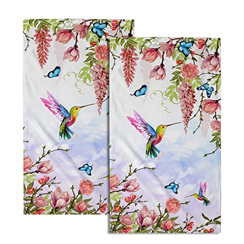 Pink Floral Hand Towels Set of 2 Hummingbird Butterfly Soft Absorbent Guest Bath Towel Kitchen Dish Towel Spa Home Bathroom Decorations