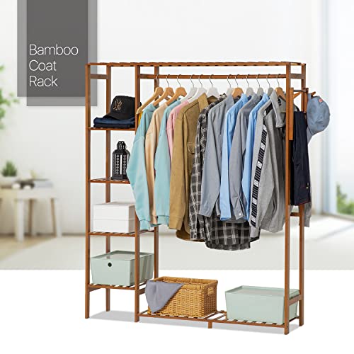MoNiBloom Bamboo Clothes Rack, 6 Tier Garment Clothing Storage Shelving with Pants Scarves Racks and a Hanging Rob for Bedroom Living Room, Brown