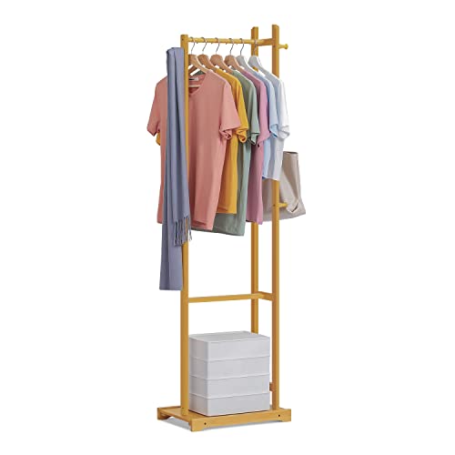 MoNiBloom Coat Rack with 6 Hooks, Bamboo Freestanding Garment Rack with Botton Shelf for Entryway Bedroom Living Room Office, Natural