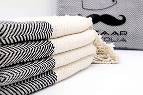 Turkish Hand Towel Set of 4 Herringbone Peshtemal Towel 100% Cotton 45x20" Light Weight Thin Quick Dry Hand Bath Hair Gym Face Tea Kitchen Set Farm House Decor Decorative Bathroom Towel (Black)