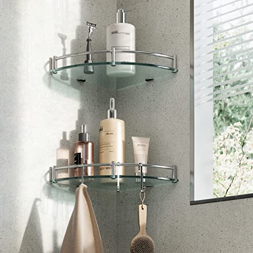 HouseMila Bathroom Shelf, 2 Tier Glass Bathroom Wall Shelf with Extra 3 Hangers Floating Glass Corner Shelves with Nail Shampoo Organizer