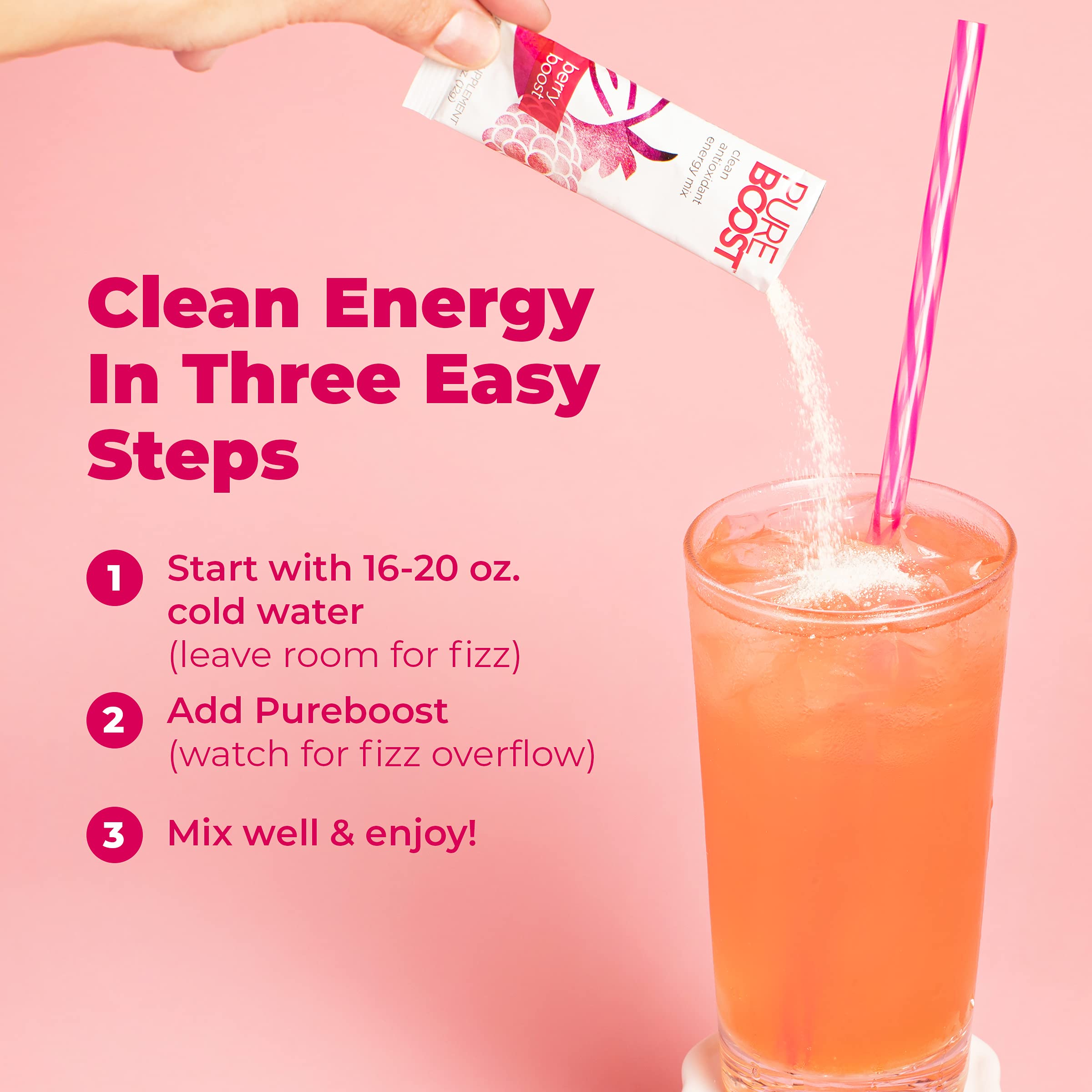 Pureboost Clean Energy Booster, Refreshing Energy Drink Mix with B12 Vitamins, Electrolytes, Antioxidants, Sugar-Free with No Sucralose (Berry Boost, 30 Count)