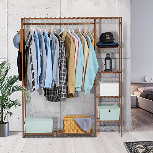 MoNiBloom Bamboo Clothes Rack, 6 Tier Garment Clothing Storage Shelving with Pants Scarves Racks and a Hanging Rob for Bedroom Living Room, Brown