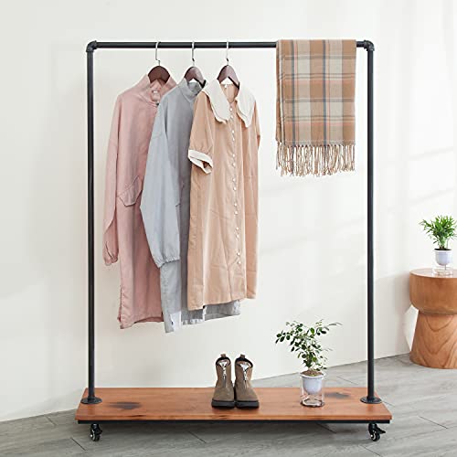 WGX Design For You Industrial Pipe Clothing Rack Wood Garment Rack Pipeline Vintage Rolling Rack with wheels(A)