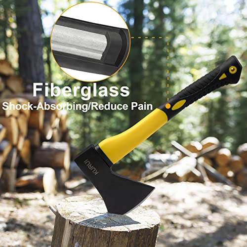 KURUI Wood Chopping Axe with Sheath, 15β Outdoor Camping Hatchet for Cutting and Kindling, Camp Splitting Axe with Fiber Glass Shock-Absorbent Anti-Slip Handle