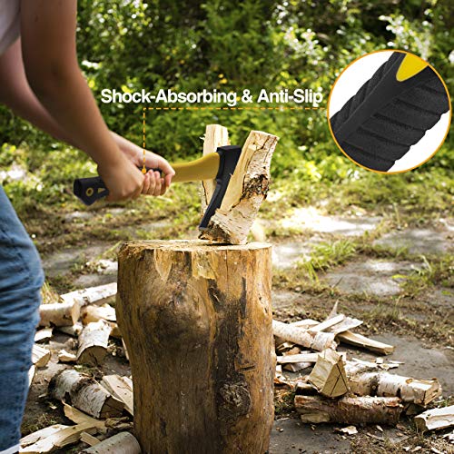 KURUI Wood Chopping Axe with Sheath, 15β Outdoor Camping Hatchet for Cutting and Kindling, Camp Splitting Axe with Fiber Glass Shock-Absorbent Anti-Slip Handle